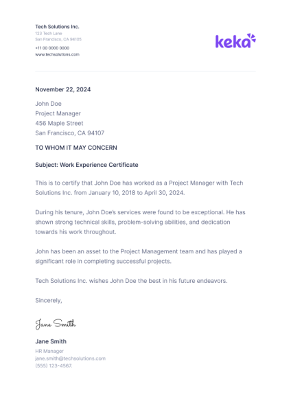 Format Of Work Experience